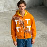 China Custom Men's Washed Turquoise Renaissance Art Hand Print Oversized Zip-Up Hoodie for sale