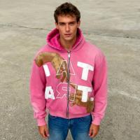 China Custom Men's Washed Turquoise Renaissance Art Hand Print Oversized Zip-Up Hoodie for sale