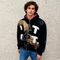 China Custom Men's Washed Turquoise Renaissance Art Hand Print Oversized Zip-Up Hoodie for sale