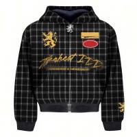 China Men’s Vintage Blue Plaid Zip-Up Hoodie | Gold Lion Crest Embroidery & Patches | Oversized Streetwear Style for sale