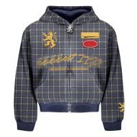 China Men’s Vintage Blue Plaid Zip-Up Hoodie | Gold Lion Crest Embroidery & Patches | Oversized Streetwear Style for sale