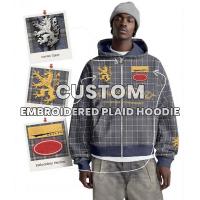 China Men’s Vintage Blue Plaid Zip-Up Hoodie | Gold Lion Crest Embroidery & Patches | Oversized Streetwear Style for sale