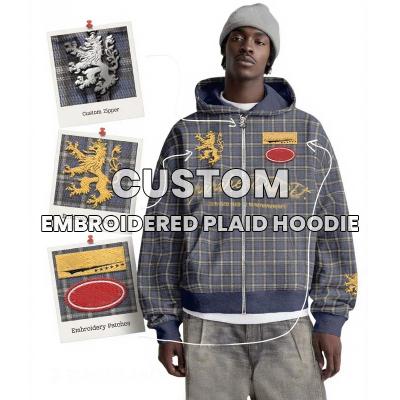 China Men’s Vintage Blue Plaid Zip-Up Hoodie | Gold Lion Crest Embroidery & Patches | Oversized Streetwear Style for sale