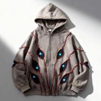 China Mingarment Custom Eye Embroidery Zip Up Hoodie | Men's Acid Wash Streetwear Oversized Hoodie, OEM/ODM Dark Gothic Graphic Sweatshirt for sale