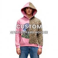 China Men’s Split Design Hoodie | Pink & Leopard Print | Black Cat Graphic Oversized Streetwear Pullover for sale