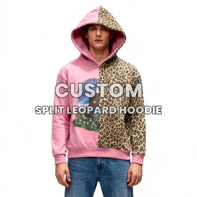 China Men’s Split Design Hoodie | Pink & Leopard Print | Black Cat Graphic Oversized Streetwear Pullover for sale