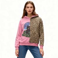 China Men’s Split Design Hoodie | Pink & Leopard Print | Black Cat Graphic Oversized Streetwear Pullover for sale
