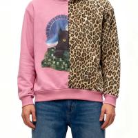 China Men’s Split Design Hoodie | Pink & Leopard Print | Black Cat Graphic Oversized Streetwear Pullover for sale