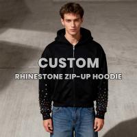 China Men’s 450-500GSM Heavyweight Black Zip-Up Hoodie | Multicolor Rhinestone Embellished Sleeves | Oversized Streetwear for sale