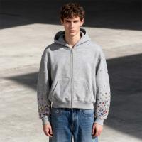 China Men’s 450-500GSM Heavyweight Black Zip-Up Hoodie | Multicolor Rhinestone Embellished Sleeves | Oversized Streetwear for sale