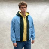 China Men’s Color Block Layered Zip-Up Hoodie | Grey Green Yellow Panel Design | Oversized Streetwear for sale