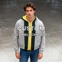 China Men’s Color Block Layered Zip-Up Hoodie | Grey Green Yellow Panel Design | Oversized Streetwear for sale