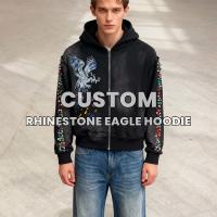 China Men’s Vintage Washed Black Zip-Up Hoodie | Eagle Dragon Graphic Print & Multicolor Rhinestone Sleeve Detail | Oversized Streetwear for sale