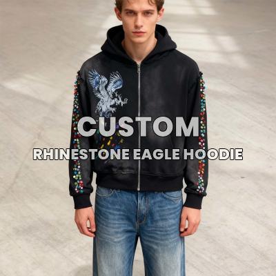 China Men’s Vintage Washed Black Zip-Up Hoodie | Eagle Dragon Graphic Print & Multicolor Rhinestone Sleeve Detail | Oversized Streetwear for sale