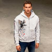 China Men’s Vintage Washed Black Zip-Up Hoodie | Eagle Dragon Graphic Print & Multicolor Rhinestone Sleeve Detail | Oversized Streetwear for sale