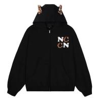 China Men’s Heather Grey Zip-Up Hoodie | Leopard Print Cat Ear Hood Design | NC CN Mixed Fabric Letter Embroidery Oversized Streetwear for sale