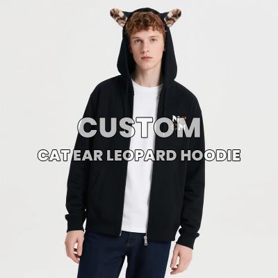 China Men’s Heather Grey Zip-Up Hoodie | Leopard Print Cat Ear Hood Design | NC CN Mixed Fabric Letter Embroidery Oversized Streetwear for sale