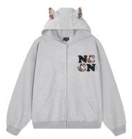 China Men’s Heather Grey Zip-Up Hoodie | Leopard Print Cat Ear Hood Design | NC CN Mixed Fabric Letter Embroidery Oversized Streetwear for sale