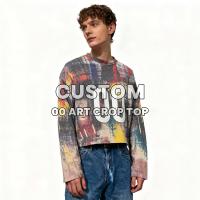 China Men’s Cropped Long Sleeve Tee | Abstract Multicolor Paint Brush Print | Large 00 Number Patch Vintage Streetwear Top for sale