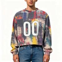 China Men’s Cropped Long Sleeve Tee | Abstract Multicolor Paint Brush Print | Large 00 Number Patch Vintage Streetwear Top for sale