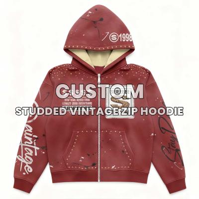 China Mingarment Vintage Graffiti Zip Up Hoodie | Men's Old School Streetwear Splatter Print Rivet Patchwork Oversized Sweatshirt OEM ODM Custom for sale