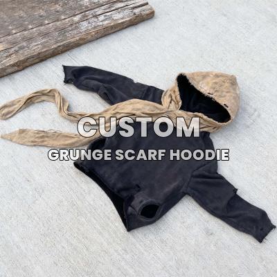 China Mingarment Custom Deconstructed Scarf Strap Hoodie | Men's Destroyed Distressed Cutout Cropped Streetwear Sweatshirt | OEM ODM Avant Garde Washed Vintage Outerwear for sale