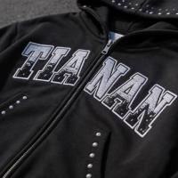 China Hot Supplier Custom High Quality Men's Acid Wash Zipper Print Blank Flare Tracksuit Hoodie Sweatpants Terry Fabric Hoodie Set for sale
