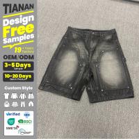 China Tianan Custom High Quality Oversize Men's Jeans Beaded Applique Washed Vintage Street Style Men's Denim Shorts for sale