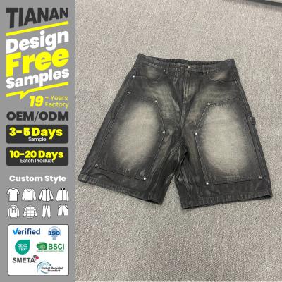 China Tianan Custom High Quality Oversize Men's Jeans Beaded Applique Washed Vintage Street Style Men's Denim Shorts for sale