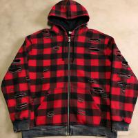 China Garment Custom Men's Oversized Distressed Plaid Zip up Hoodie Acid Wash Checkered Streetwear  Y2K Hip Hop  Hoodies Plaid Jacket for sale