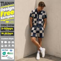 China Tianan Garment Factory Brand Custom Knitted Shorts Set Shirt Summer Casual Street Breathable Plaid Print Cotton Unisex Shirt for sale