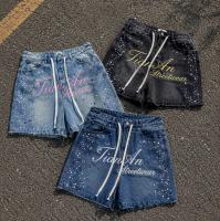 China Clothing Factory Custom New Summer Bermuda Shorts Acid Wash Embroidered Rhinestone Drawstring Raw Edge Baggy Street Jeans Shorts for sale