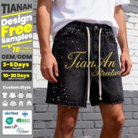 China Clothing Factory Custom New Summer Bermuda Shorts Acid Wash Embroidered Rhinestone Drawstring Raw Edge Baggy Street Jeans Shorts for sale