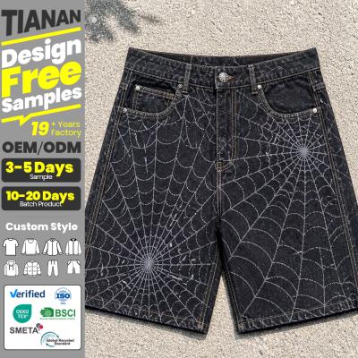China TianAn OEM Custom Spider Web Print Denim Shorts Men Baggy Streetwear Vintage Washed Distressed Black Jean Shorts Factory for sale