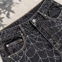China TianAn OEM Custom Spider Web Print Denim Shorts Men Baggy Streetwear Vintage Washed Distressed Black Jean Shorts Factory for sale