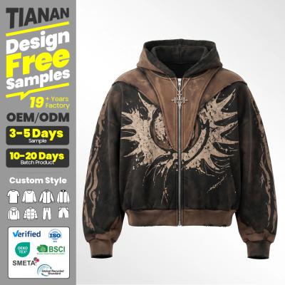 China Tianan Hoodies Men High Quality Custom logo Acid Wash Patchwork Printed Double Layer Distressed Vintage Street Hoodie Cotton for sale