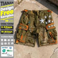 China Custom Men's Distressed Camo Denim Shorts Loose Fit Streetwear Y2K Practical Pockets Embroidery Patches Mid Waist Knitted Cargo for sale
