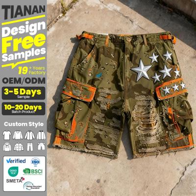 China Custom Men's Distressed Camo Denim Shorts Loose Fit Streetwear Y2K Practical Pockets Embroidery Patches Mid Waist Knitted Cargo for sale