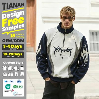 China Tianan Custom High Quality Hoodies Men Streetwear Cotton Embroidered Quarter Zip Pullover Patchwork Sweatshirt Oversize for sale