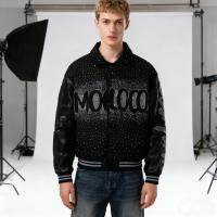 China Custom Oversized Letter Embroidered Rhinestone Varsity for Men Leather Sleeve Winter Outdoor Heavyweight Diamond Zip up Jacket for sale