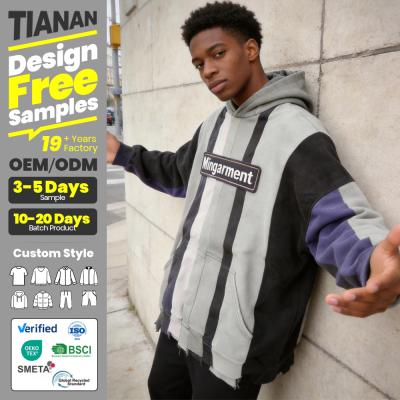 China Factory Brand Custom High Quality Oversize Street Wear Patchwork Splicing Pullover Washed Trendy Essential Hoodie for Men for sale