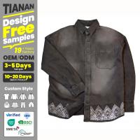 China Tianan Custom High Quality Men's Streetwear Shirts Cotton Acid Wash Distressed Rhinestone Oversized Long Sleeve Button Shirts for sale