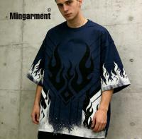 China Custom Men Luxury Oversized Flame Print Graphic Tee Y2K Streetwear Drop Shoulder Cotton T-Shirt Hip Hop Casual Short Sleeve Top for sale