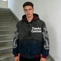 China Brand Men's Acid Wash Denim Hooded Jacket Rhinestone Embellished Zip up Streetwear Custom Oversized Hip Hop Hoodie for Men for sale