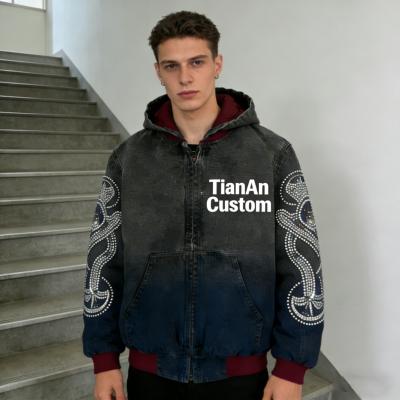 China Brand Men's Acid Wash Denim Hooded Jacket Rhinestone Embellished Zip up Streetwear Custom Oversized Hip Hop Hoodie for Men for sale