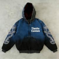 China Brand Men's Acid Wash Denim Hooded Jacket Rhinestone Embellished Zip up Streetwear Custom Oversized Hip Hop Hoodie for Men for sale
