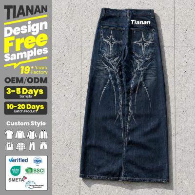 China Tianan Hot Supplier Custom Men Tears Jeans Baggy Rhinestone Print Streetwear High Quality Straight Leg Denim Style Men's Jeans for sale