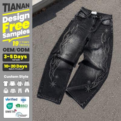 China Apparel Hot Supplier Tianan Custom Men's Rhinestone Baggy Jeans High Quality Stone Wash Retro Streetwear Denim Pants for Men for sale