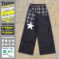 China Tianan Custom Brand Men Jeans Distressed Washed Vintage Plaid Patchwork Streetwear Oversized Fashion Men's Jeans Casual Outdoor for sale