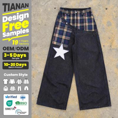 China Tianan Custom Brand Men Jeans Distressed Washed Vintage Plaid Patchwork Streetwear Oversized Fashion Men's Jeans Casual Outdoor for sale